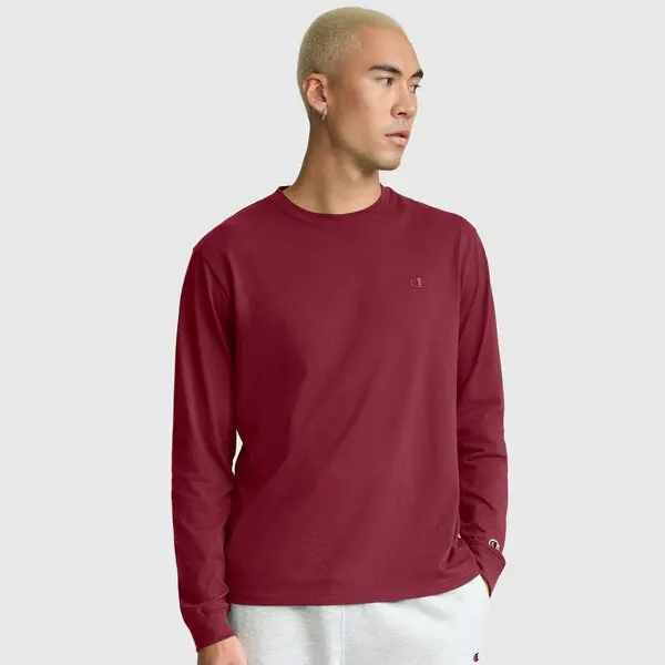 Champion Classic Long Sleeve T-shirt, Embroidered C Logo - Cabernet