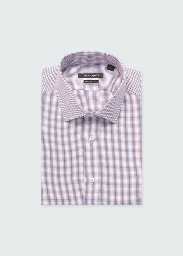 INDOCHINO Helston Anti-wrinkle Microcheck Red And Shirt - Blue