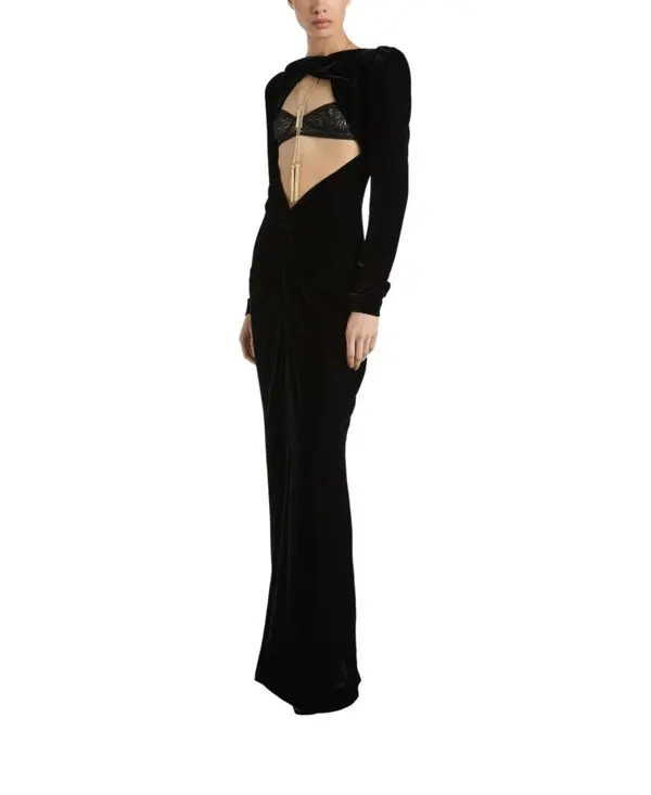 Balmain Long Velvet And Lace Dress