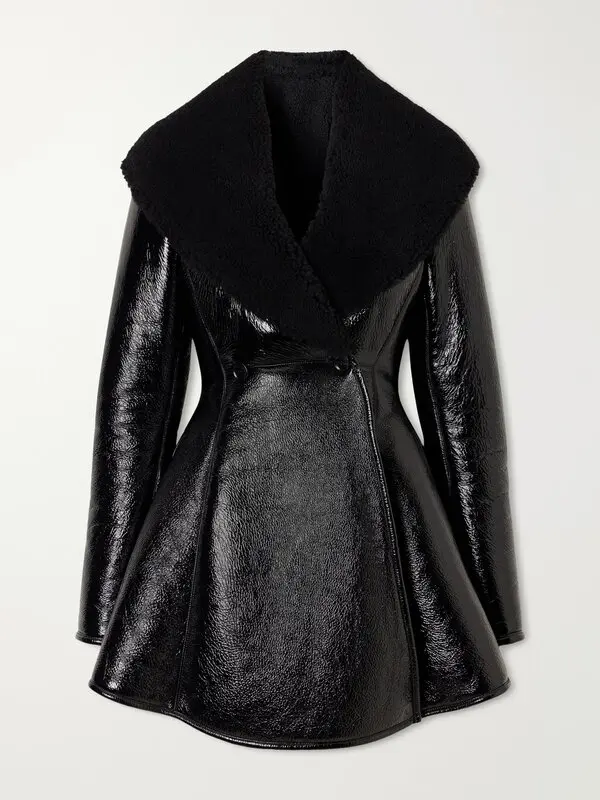 Alaïa Patent Shearling Coat With Shearling Trim