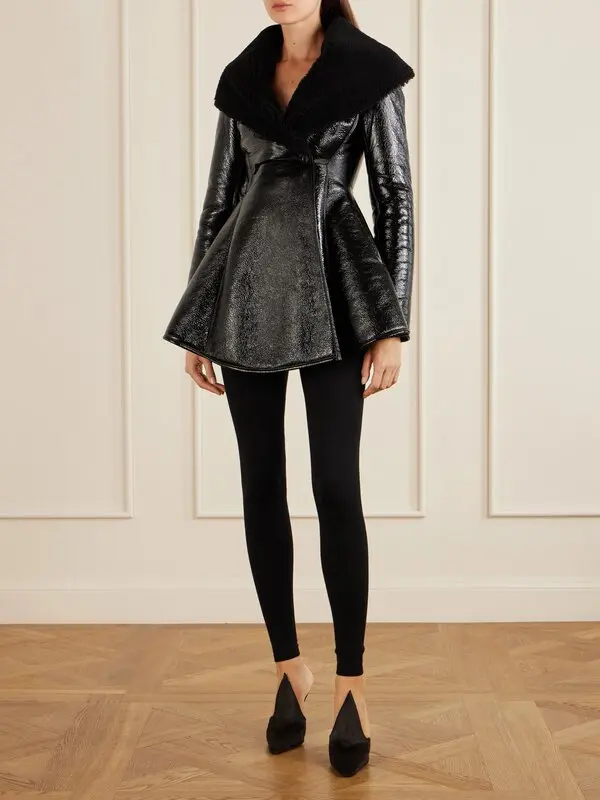Alaïa Patent Shearling Coat With Shearling Trim