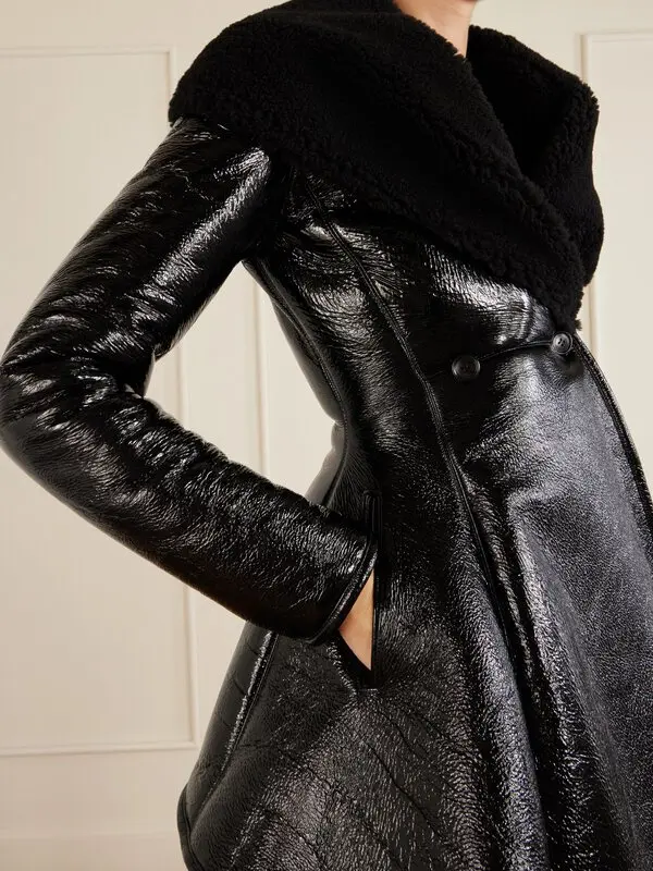 Alaïa Patent Shearling Coat With Shearling Trim