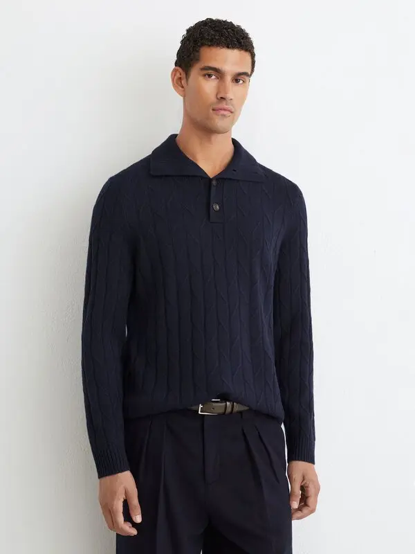 REISS Wool Stitch-detail Half-button Jumper - Navy