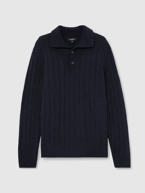 REISS Wool Stitch-detail Half-button Jumper - Navy