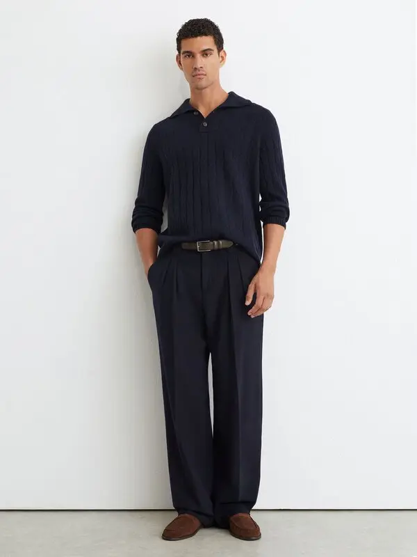 REISS Wool Stitch-detail Half-button Jumper - Navy