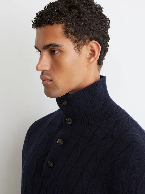 REISS Wool Stitch-detail Half-button Jumper - Navy