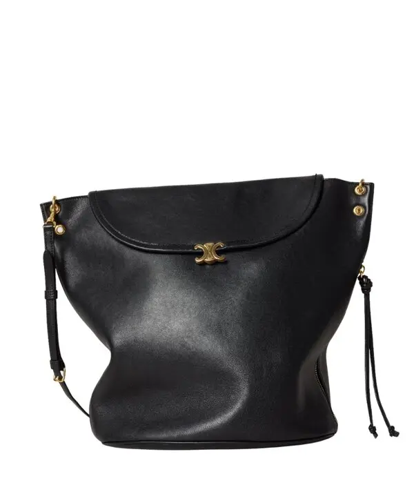 Celine Soft Triomphe Bucket In Shiny Lambskin - Black