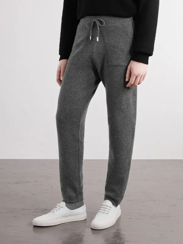 Eleventy Tapered Ribbed Cashmere Drawstring Sweatpants - Gray