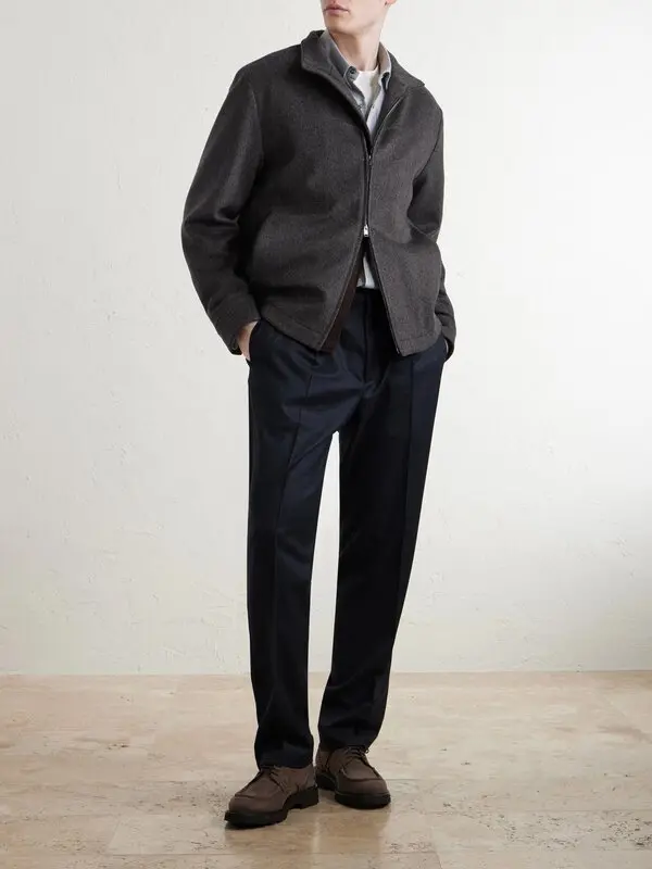 Canali Wool Blouson Jacket With Leather Trim