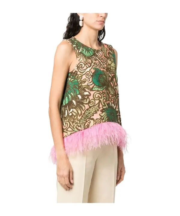 La DoubleJ Sleeveless Feather-trimmed Printed Top