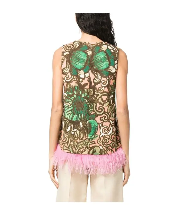 La DoubleJ Sleeveless Feather-trimmed Printed Top
