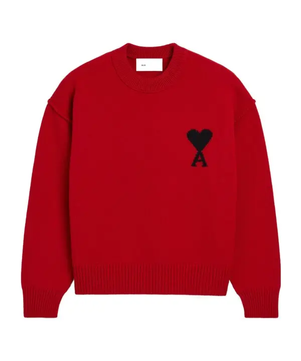 AMI Paris Red Crewneck Wool Sweater With De Coeur Motif - Ruby Red/black