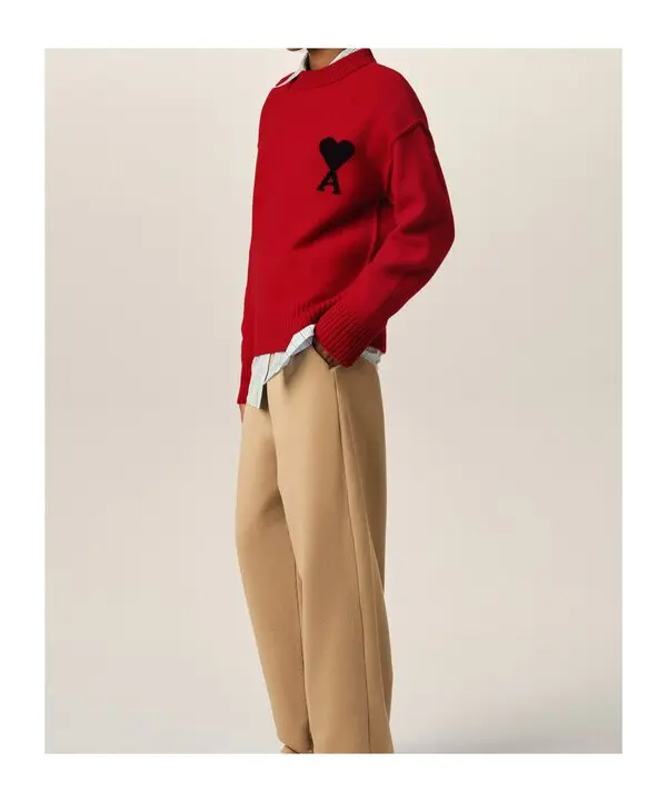 AMI Paris Red Crewneck Wool Sweater With De Coeur Motif - Ruby Red/black