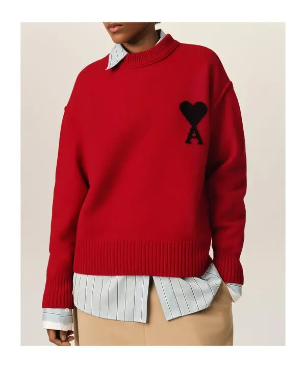 AMI Paris Red Crewneck Wool Sweater With De Coeur Motif - Ruby Red/black