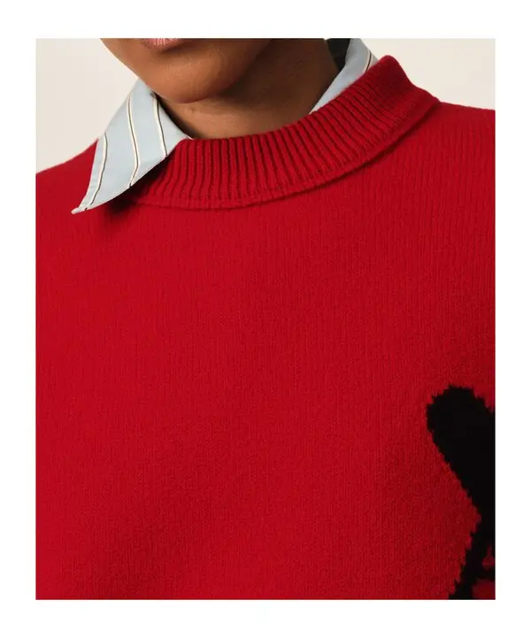AMI Paris Red Crewneck Wool Sweater With De Coeur Motif - Ruby Red/black