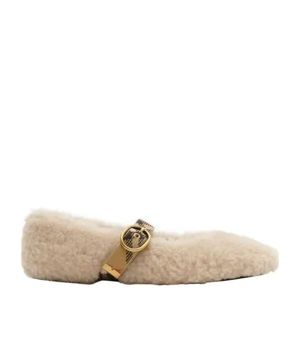 Burberry Shearling Ballerinas With Check Detail - Natural