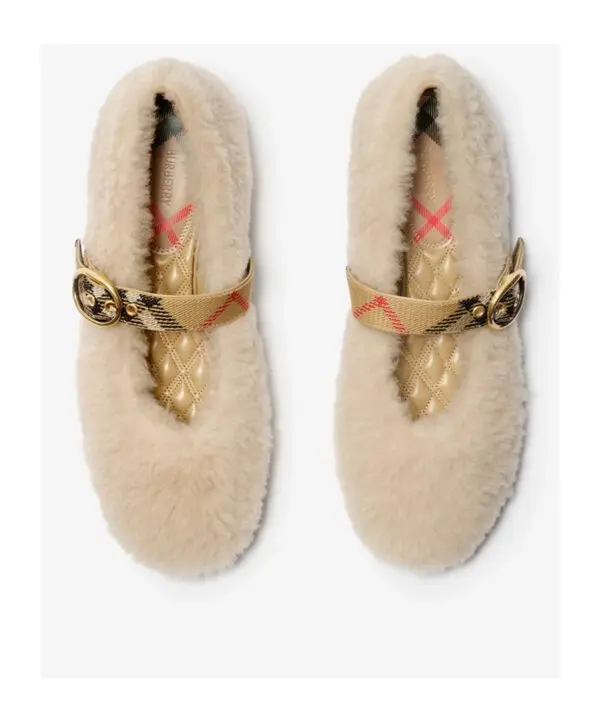 Burberry Shearling Ballerinas With Check Detail - Natural