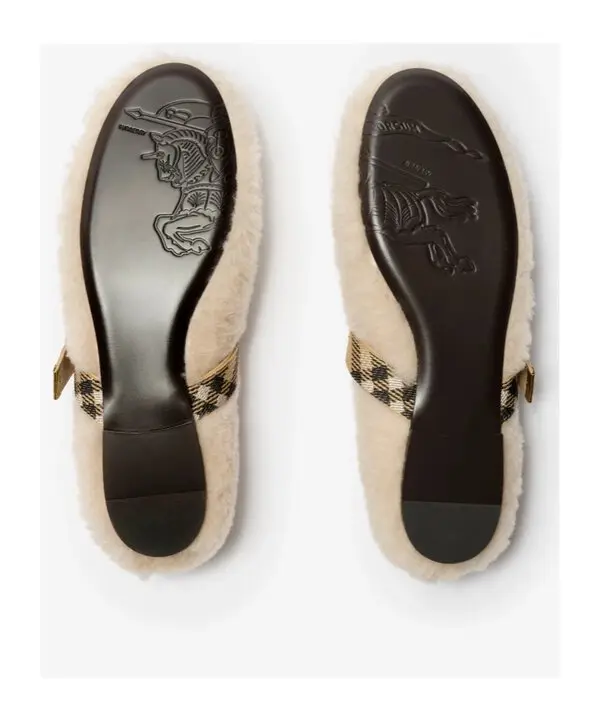 Burberry Shearling Ballerinas With Check Detail - Natural