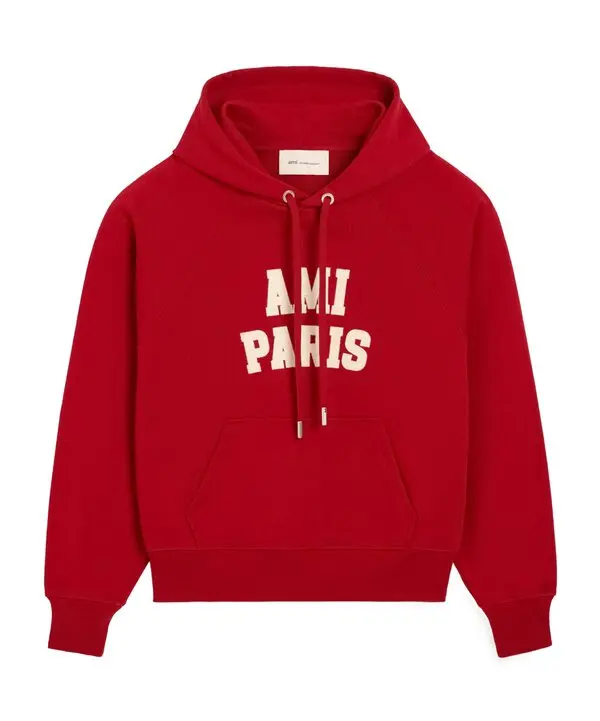 AMI Paris Red Cotton Hoodie With Embroidery