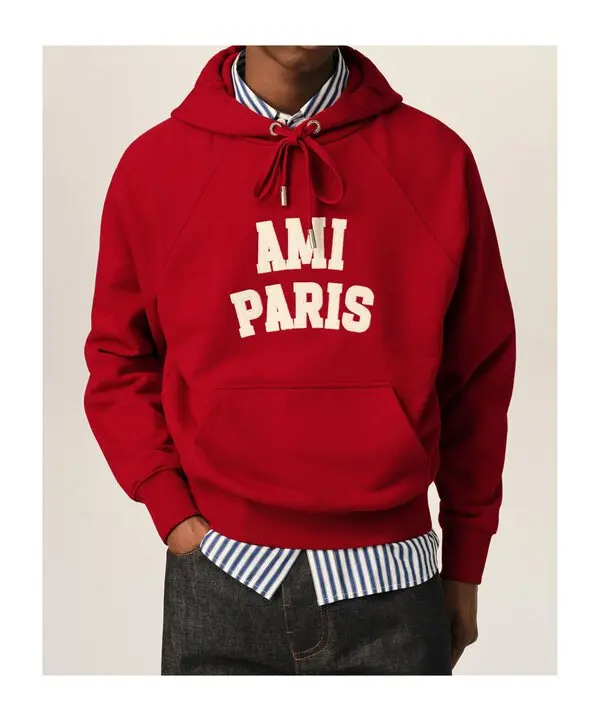 AMI Paris Red Cotton Hoodie With Embroidery