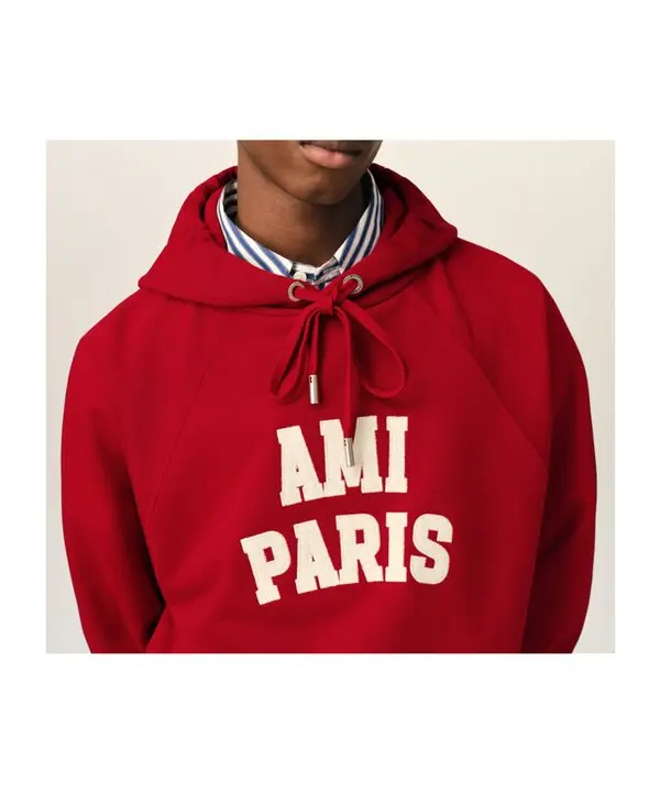 AMI Paris Red Cotton Hoodie With Embroidery