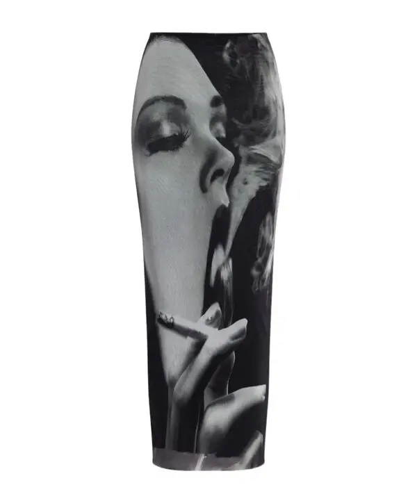 JEAN PAUL GAULTIER Long Smoking Portrait Print Stretch Mesh Skirt - Black