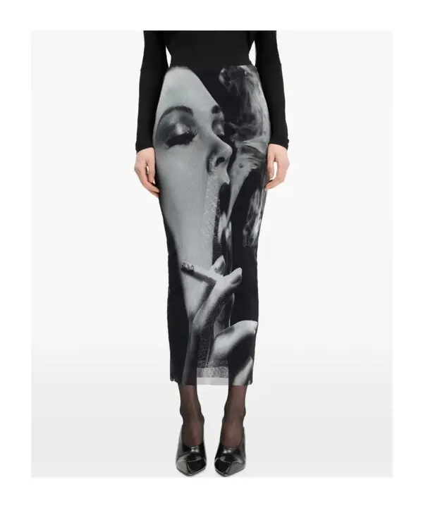 JEAN PAUL GAULTIER Long Smoking Portrait Print Stretch Mesh Skirt