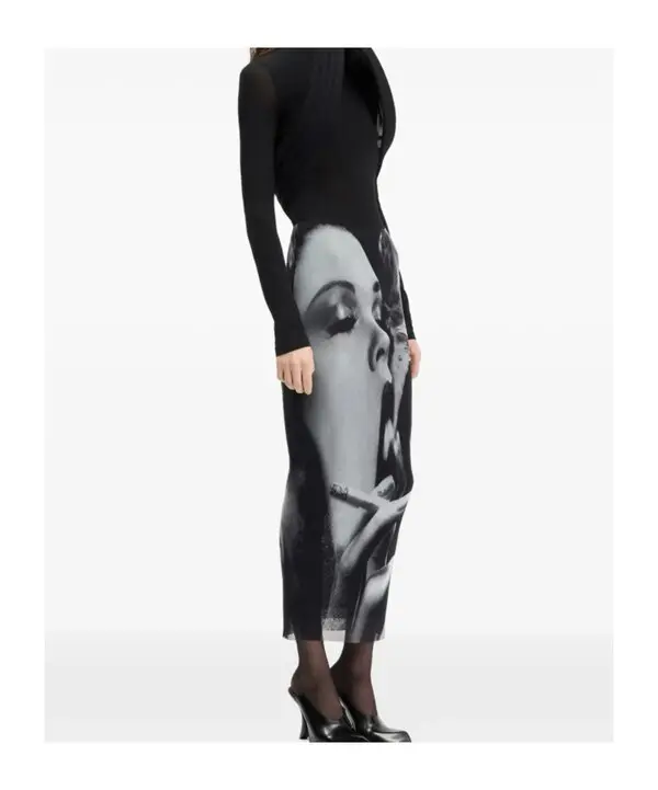 JEAN PAUL GAULTIER Long Smoking Portrait Print Stretch Mesh Skirt