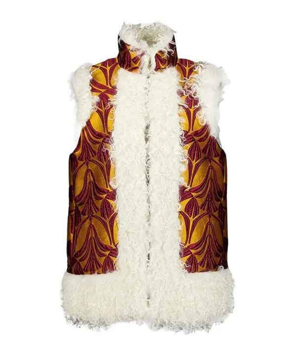 La DoubleJ Patterned-brocade Shearling-trim Vest - White