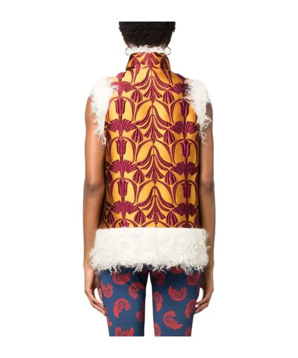 La DoubleJ Patterned-brocade Shearling-trim Vest