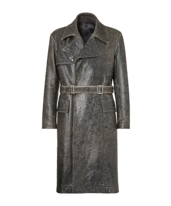 Fendi Crackled Belted Leather Trench Coat - Ebony Black