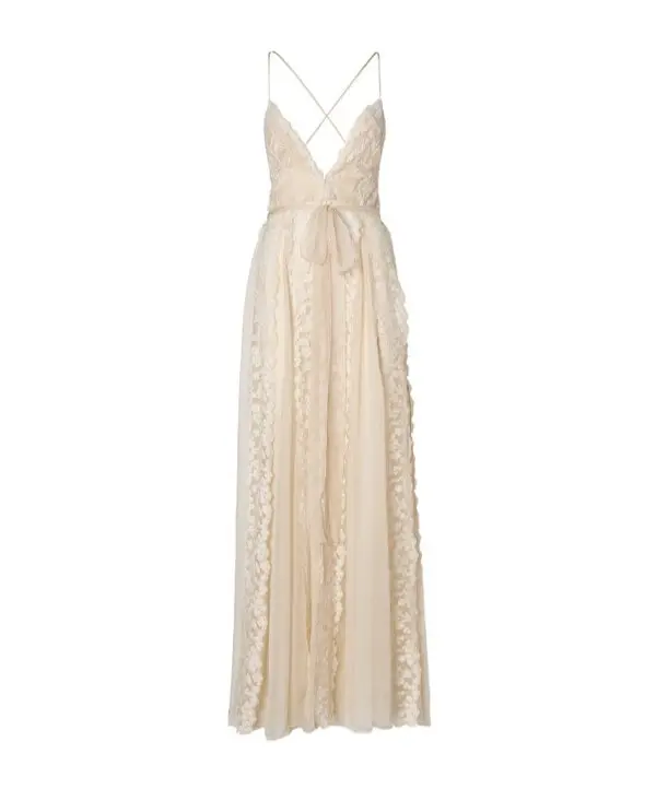 Fendi Chiffon And Peonia Lace Maxi Dress - Ivory