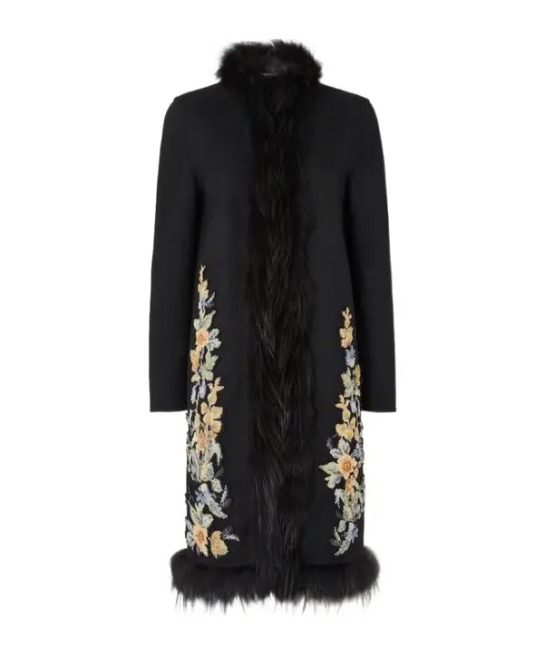 Fendi Wool Coat With Embroidery And Fox Fur Trim