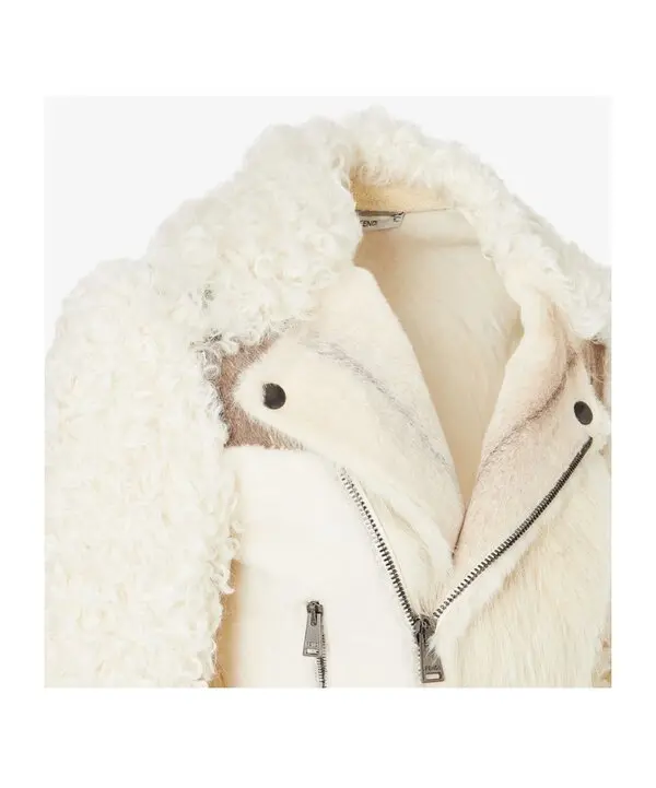 Fendi Blouson Ivory Patchwork Shearling Biker Jacket