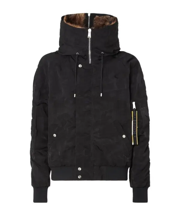 Fendi Patchwork Jacquard Nylon Bomber Jacket With Shearling And Tuscan Lambskin Trim