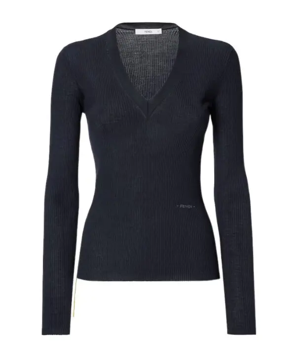 Fendi Navy Wool Ribbed Sweater - Blue