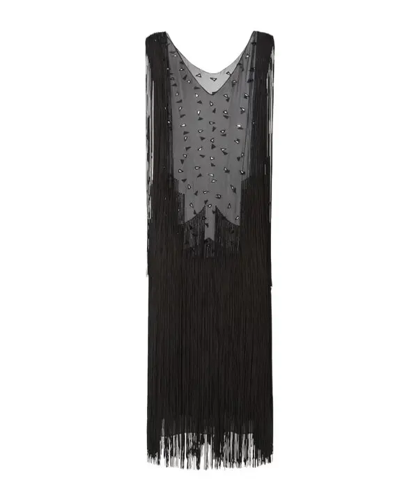 Fendi Silk Dress With Mirrors And Fringes - Black
