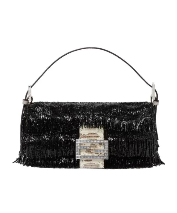 Fendi Baguette 26424 Re Edition Bag With Bead Fringes - Black