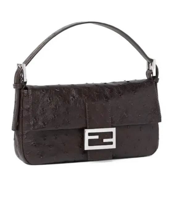 Fendi Baguette Ostrich Leather Bag - Dark Brown
