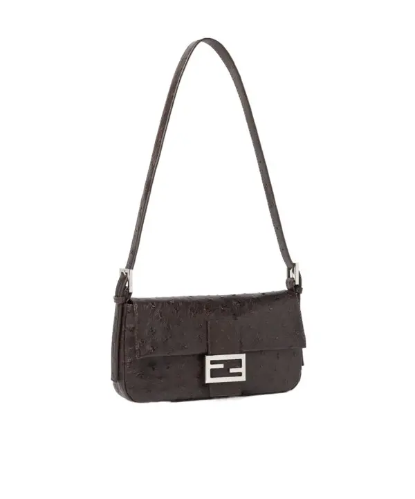 Fendi Baguette Ostrich Leather Bag - Dark Brown