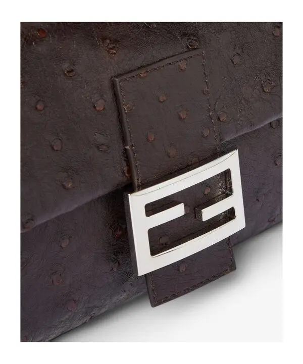 Fendi Baguette Ostrich Leather Bag - Dark Brown