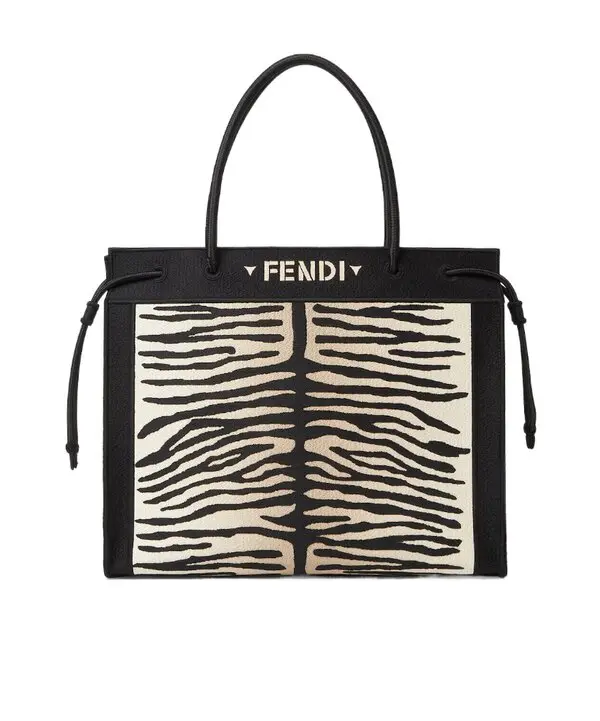 Fendi Beige And Black Tiger-effect Embroidered Fabric Shopper Bag - Multi-color