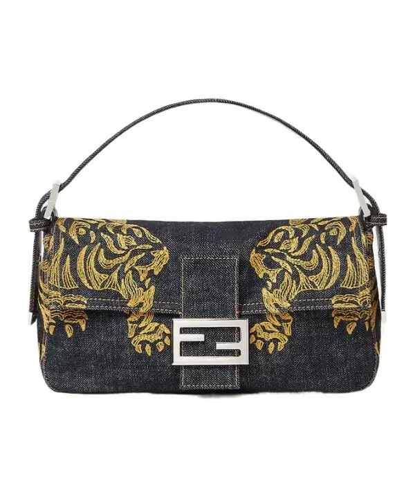 Fendi Baguette 26424 Denim Bag With Embroidery - Dark Blue