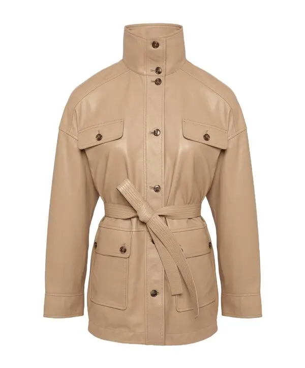 YVES SALOMON Belted Leather Jacket - Light Brown