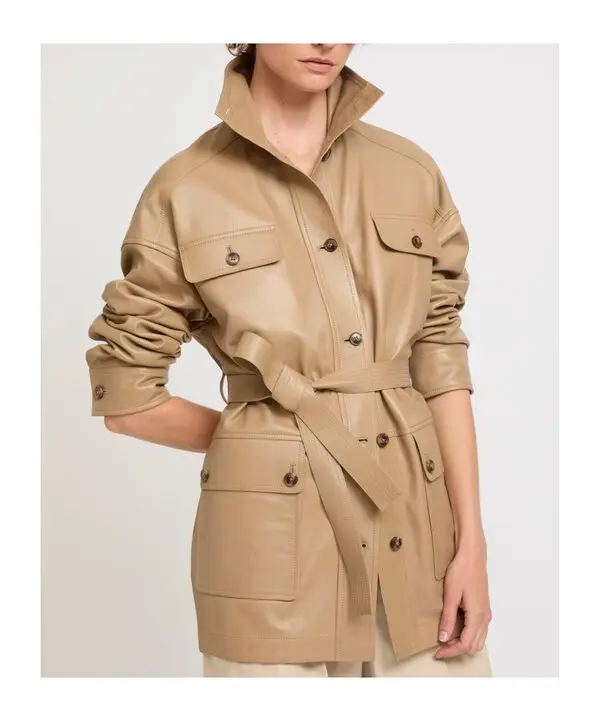 YVES SALOMON Belted Leather Jacket - Light Brown