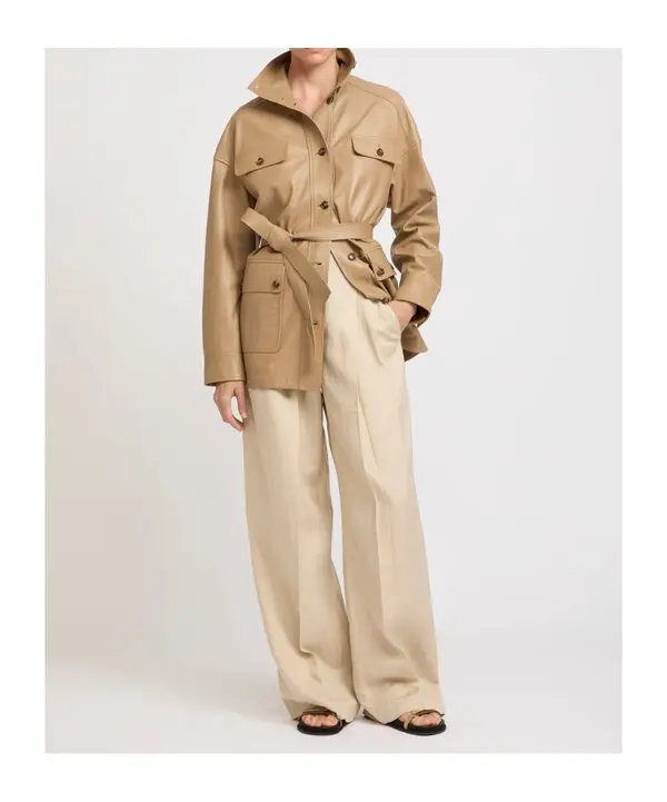 YVES SALOMON Belted Leather Jacket - Light Brown