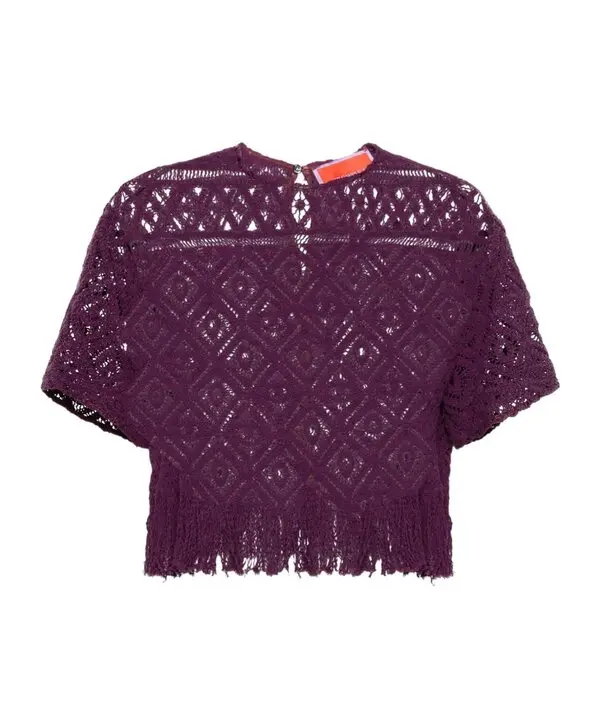 La DoubleJ Lacey La Scala Cropped Fringed Lace Top - Red