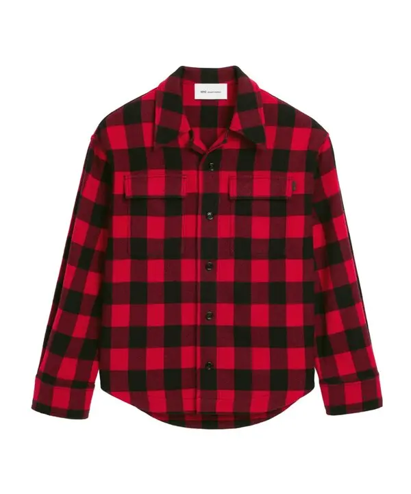 AMI Paris Red Wide Checkered Wool Overshirt - Ruby Red/black