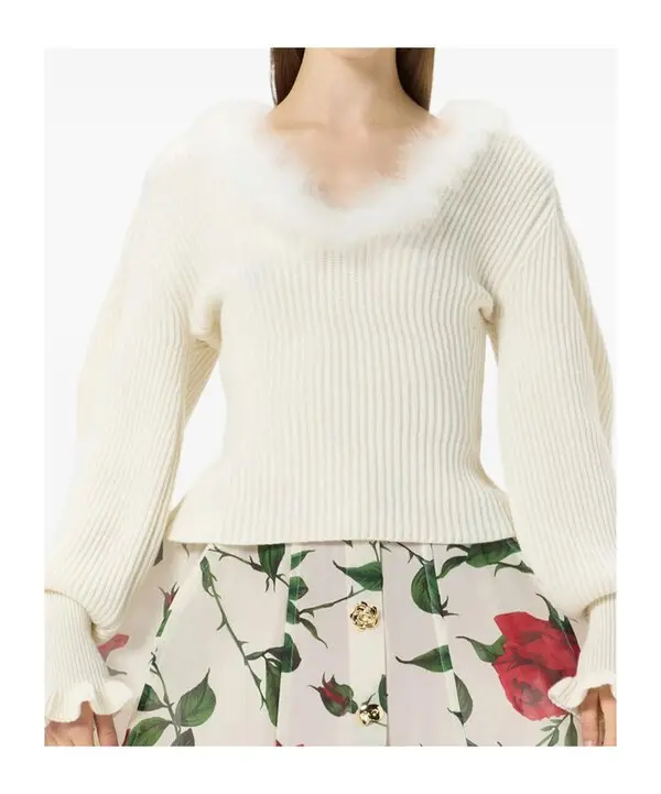 Blumarine Ribbed Knit Sweater With Fur Trim
