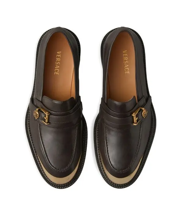 Versace Primo Leather Loafers With Metal Buckle And Cap Toe